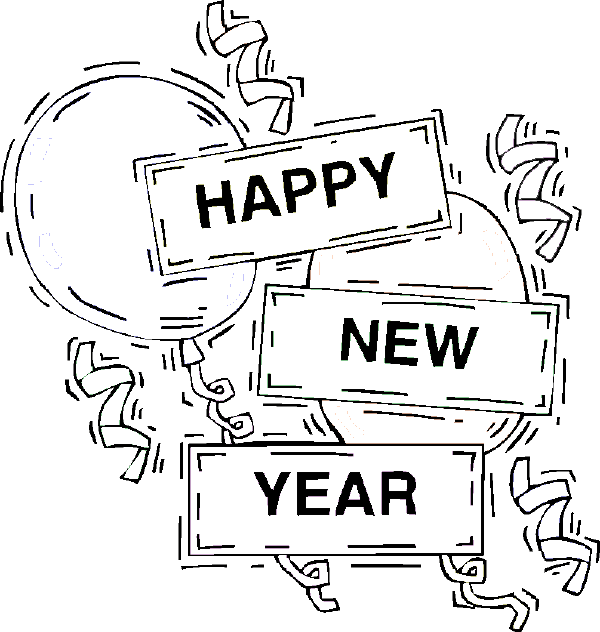 New Year's coloring page: Happy New Year sign, streamers, and balloons!